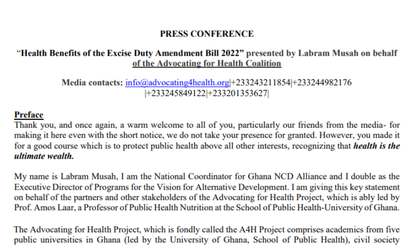 Press Conference/Statement: Health Benefits of the Excise Duty ...